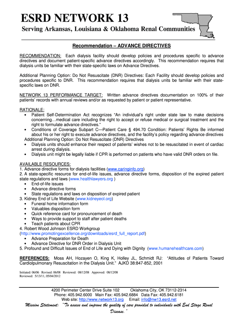 Fillable Online network13 2B5 Advance Directives. 57.110 Dialysis Event ...