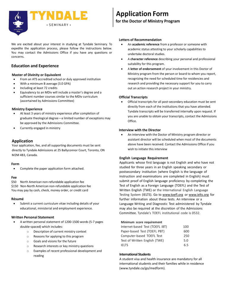 Fillable Online DMin Application Form - Tyndale University College & Seminary Fax Email Print ...