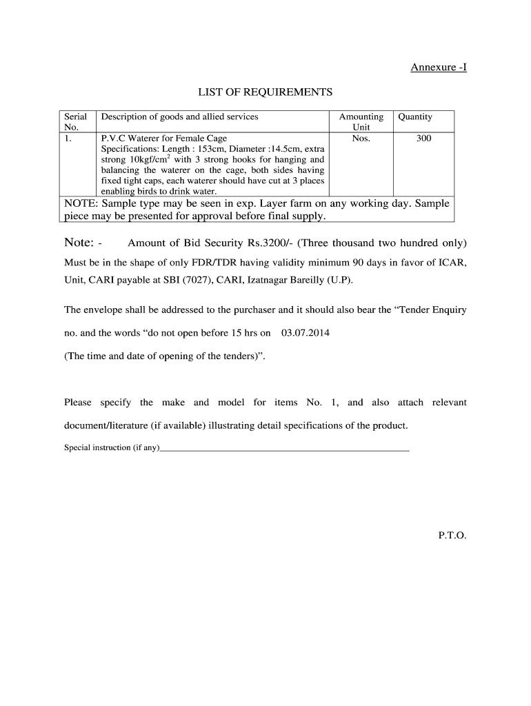 Fillable Online icar org Annexure -I LIST OF REQUIREMENTS NOTE Sample ...