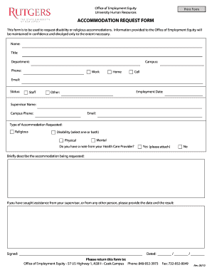 Fillable Online uhr rutgers ACCOMMODATION REQUEST FORM - Faculty and Staff Resources Fax Email ...