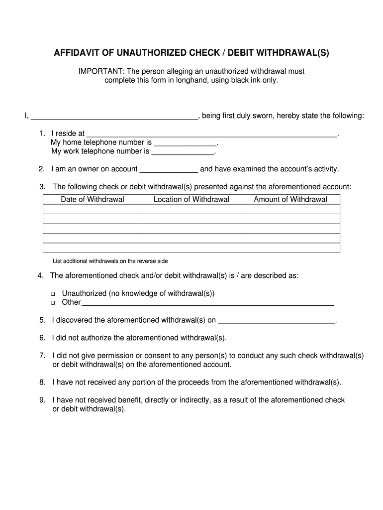 Fillable Online whitecrown AFFIDAVIT OF UNAUTHORIZED CHECK / DEBIT ...