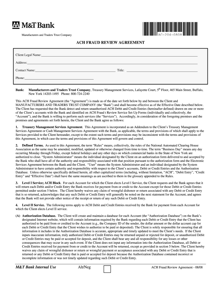 Fillable Online ACH FRAUD REVIEW AGREEMENT Fax Email Print - pdfFiller