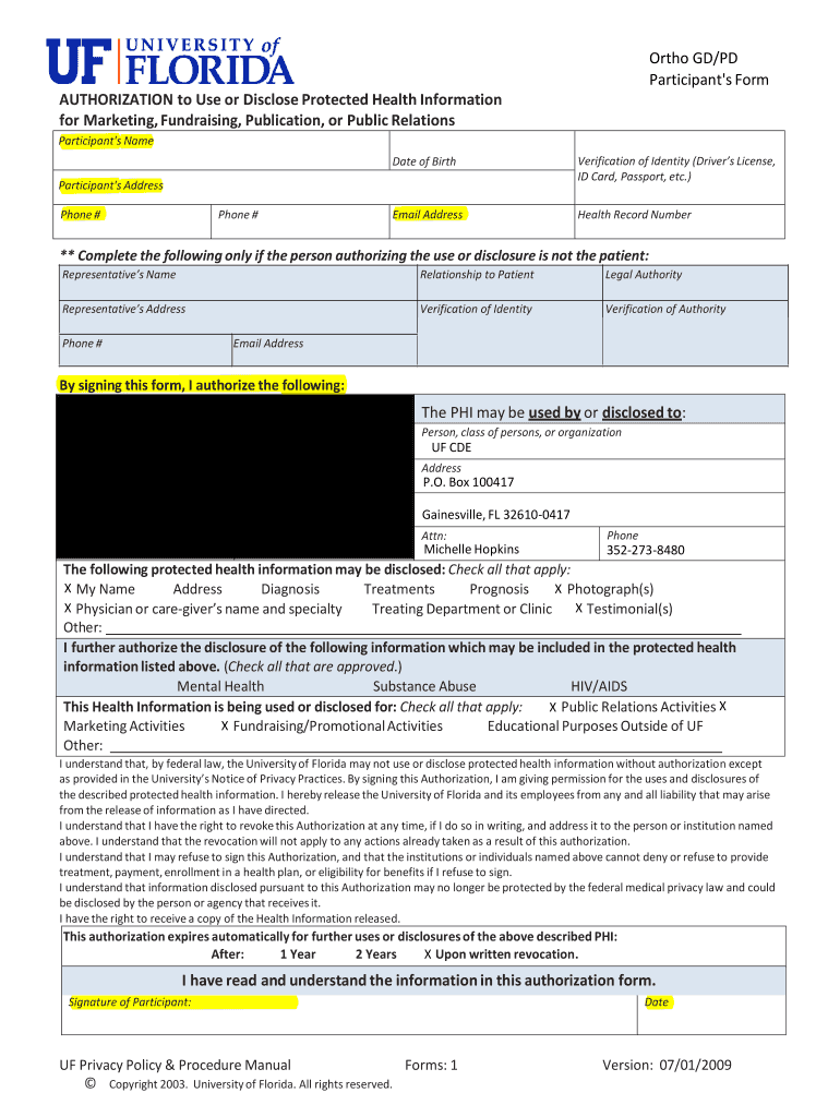 Fillable Online Ortho GD/PD Participant's Form AUTHORIZATION to Use or ...