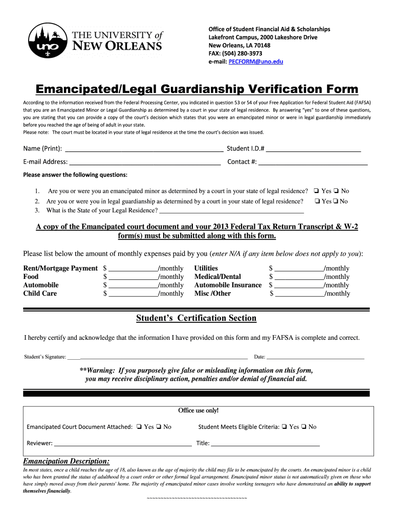 Fillable Online uno 2014-2015 Emancipation or Legal Guardianship Form ...