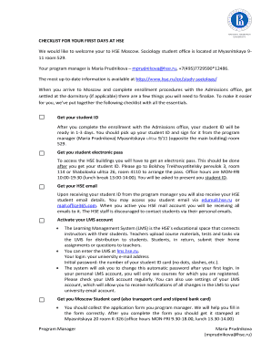 Fillable Online hse First days at HSE checklist Fax Email Print - pdfFiller