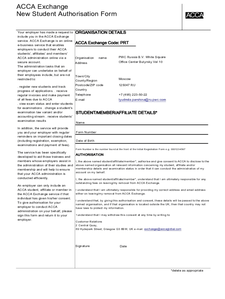 Fillable Online ACCA Exchange New Student Authorisation Form ACCA Fax ...