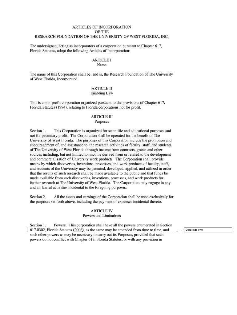 Fillable Online uwf ARTICLES OF INCORPORATION - University of West ...