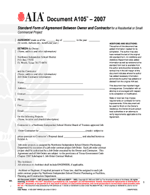 Fillable Online nisdtx TM Document A105 2007 Standard Form of Agreement Between Owner and ...