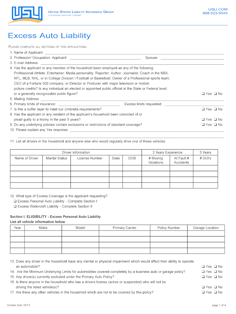 Fillable Online Excess Auto Liability Fax Email Print - pdfFiller