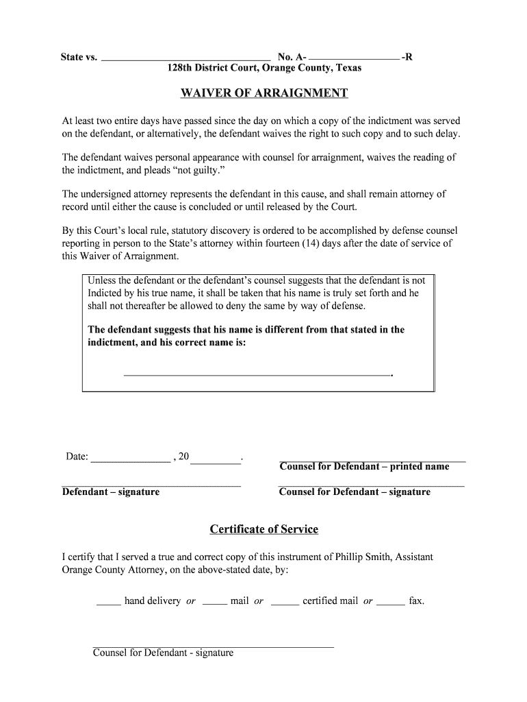 Fillable Online co orange tx WAIVER OF ARRAIGNMENT bCertificateb of ...