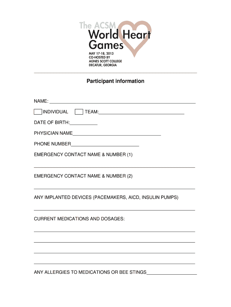 Fillable Online acsm 2013 WHG participant information form - acsm Fax ...