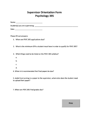 Fillable Online Supervisor Orientation Form Psychology 395 Fax Email ...