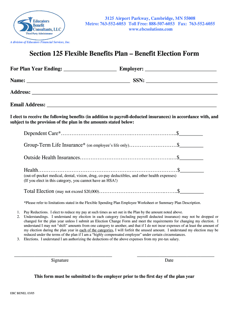 Fillable Online Section 125 Flexible Benefits Plan Benefit Election ...