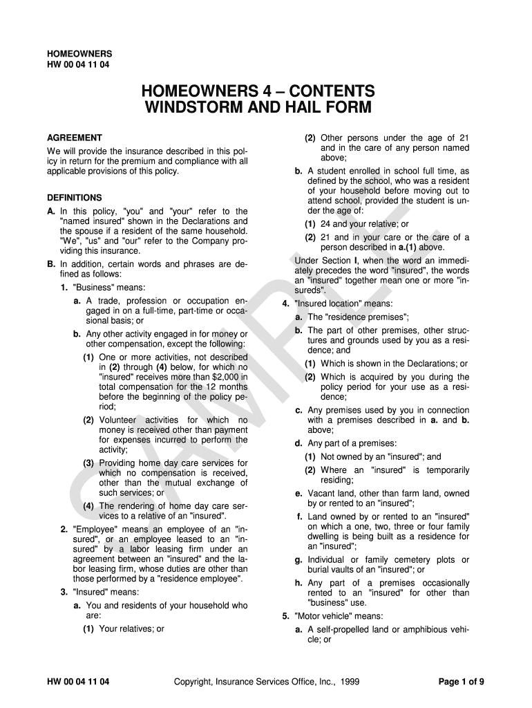 Fillable Online ncjua-nciua Homeowners 4 contents windstorm and hail ...