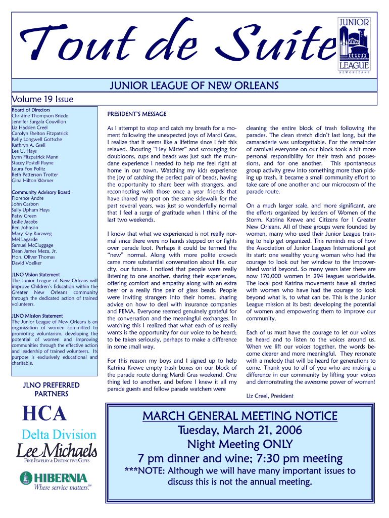 Fillable Online jlno Tout de Suite JUNIOR LEAGUE OF NEW ORLEANS Volume ...