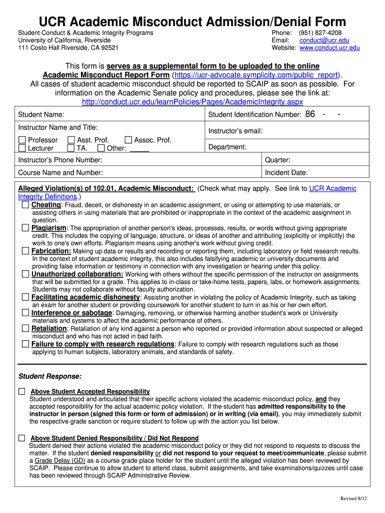 Fillable Online conduct ucr UCR Academic Misconduct AdmissionDenial ...