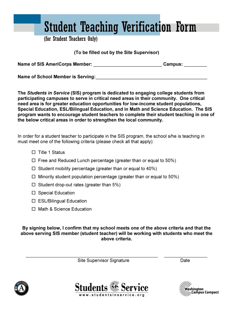 Fillable Online studentsinservice Student Teaching Verification Form ...