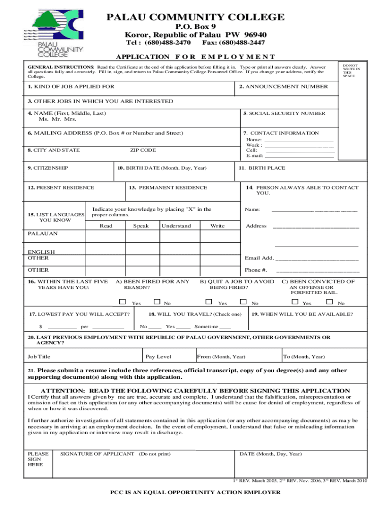 Fillable Online Application form for employment - Palau Community ...