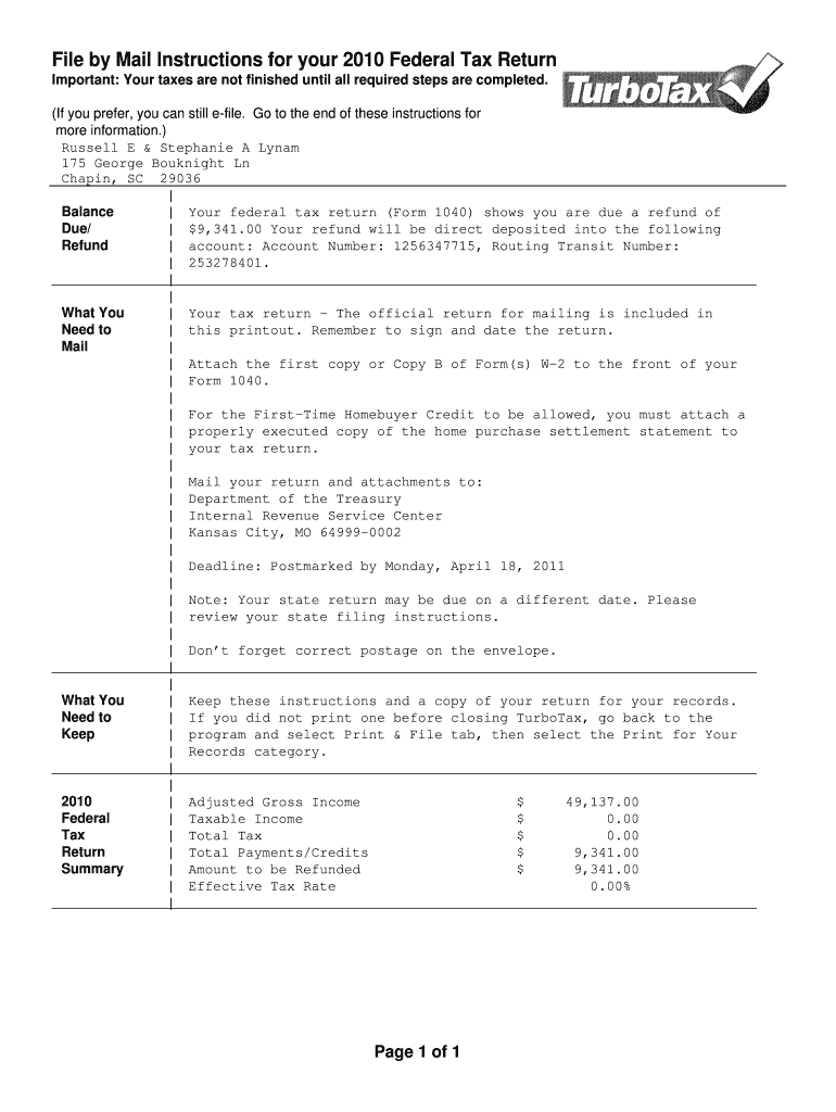 Fillable Online 162 224 217 2010 Lynam R Form 1040 Individual Tax ...