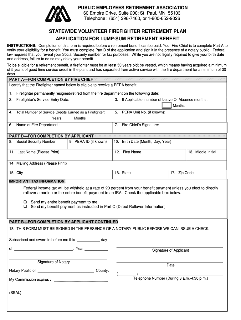 Fillable Online mnpera Application for Lump Sum Retirement Benefit ...