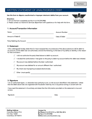 Fillable Online columbusmetro Use this form to dispute unauthorized or improper electronic ...
