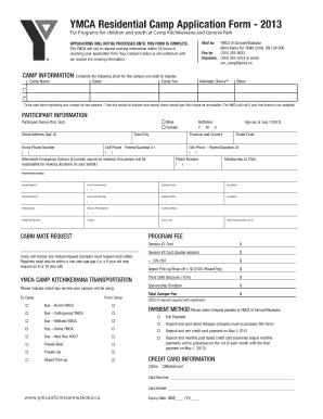 Fillable Online YMCA Residential Camp Application Form - 2013 For Programs for children and ...