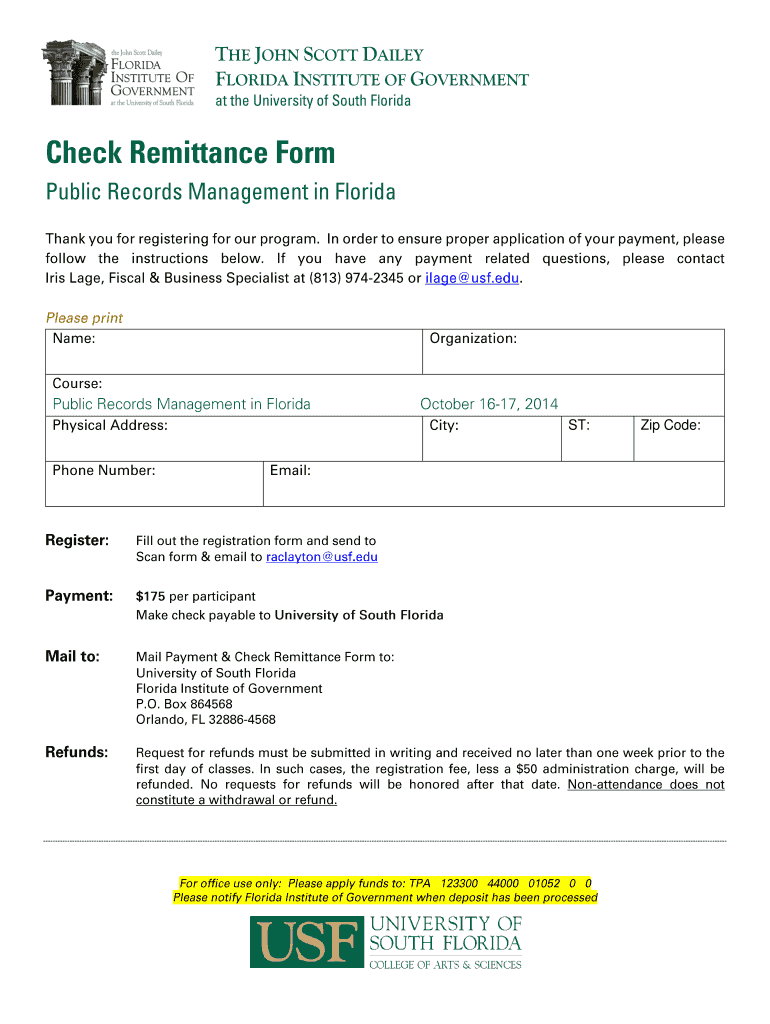 Fillable Online fiog usf FACE Check Remittance Fax Email Print - pdfFiller