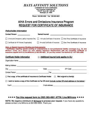 Fillable Online Certificate of Insurance Request form - Hays Affinity ...
