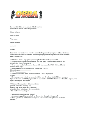 Fillable Online obra Pre-race Checklist for Mountain Bike Promoters ...