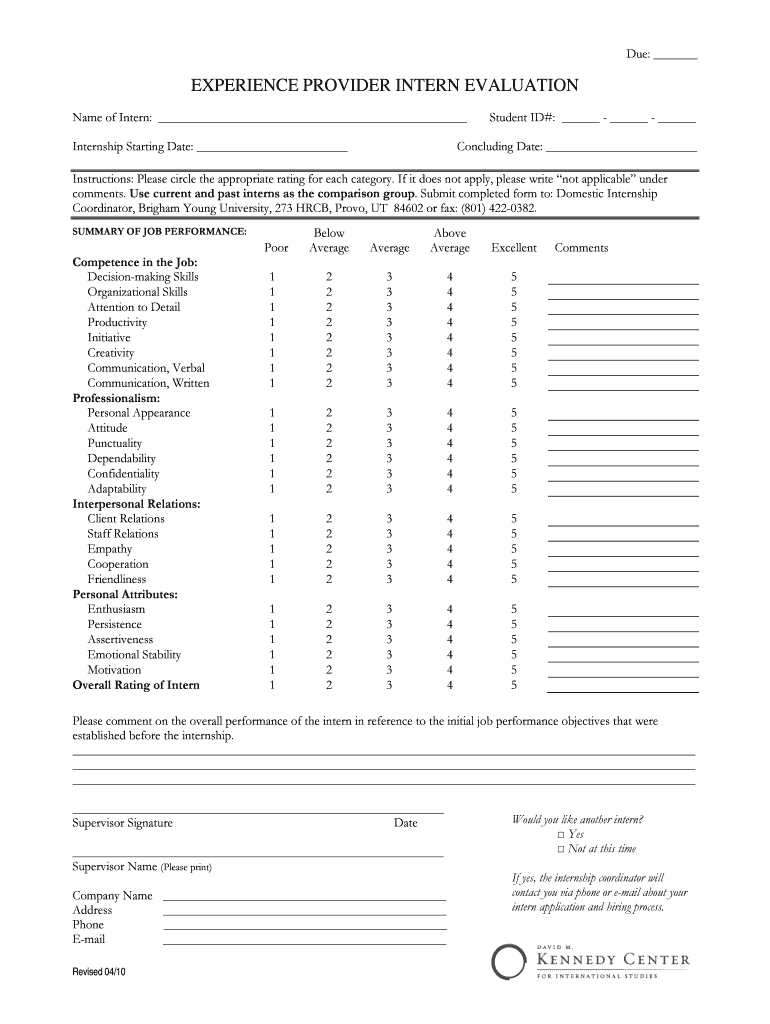 Fillable Online kennedy byu Intern Evaluation Form - Brigham Young ...