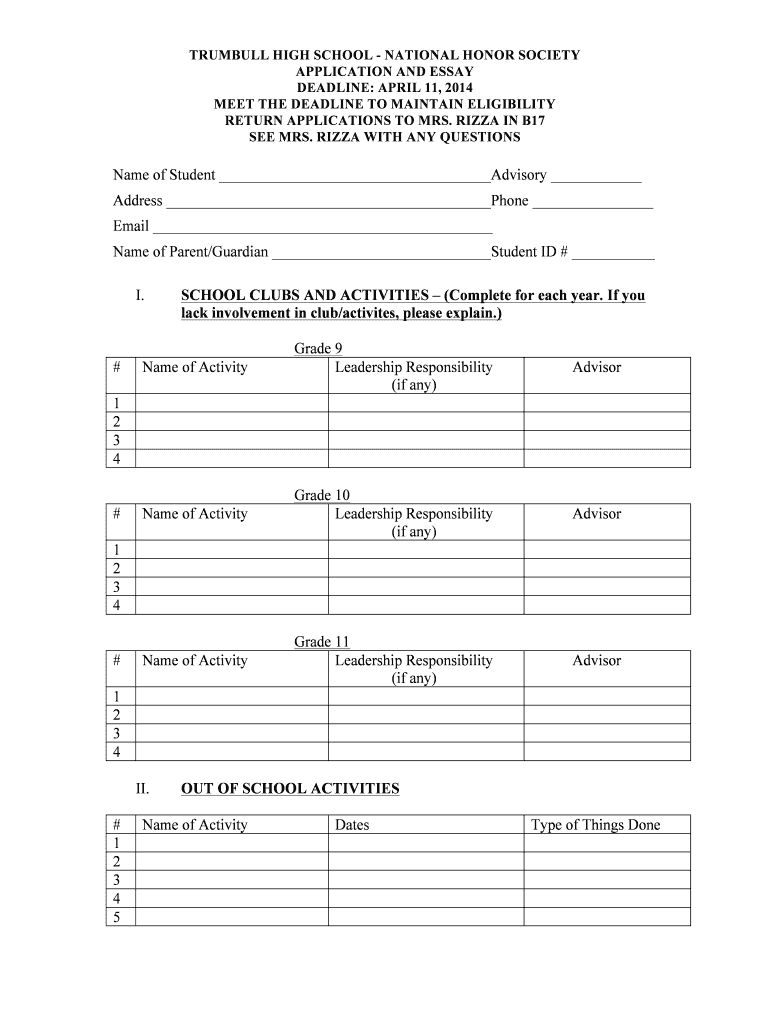 Fillable Online trumbullps NHS bApplicationb Student Activity List ...