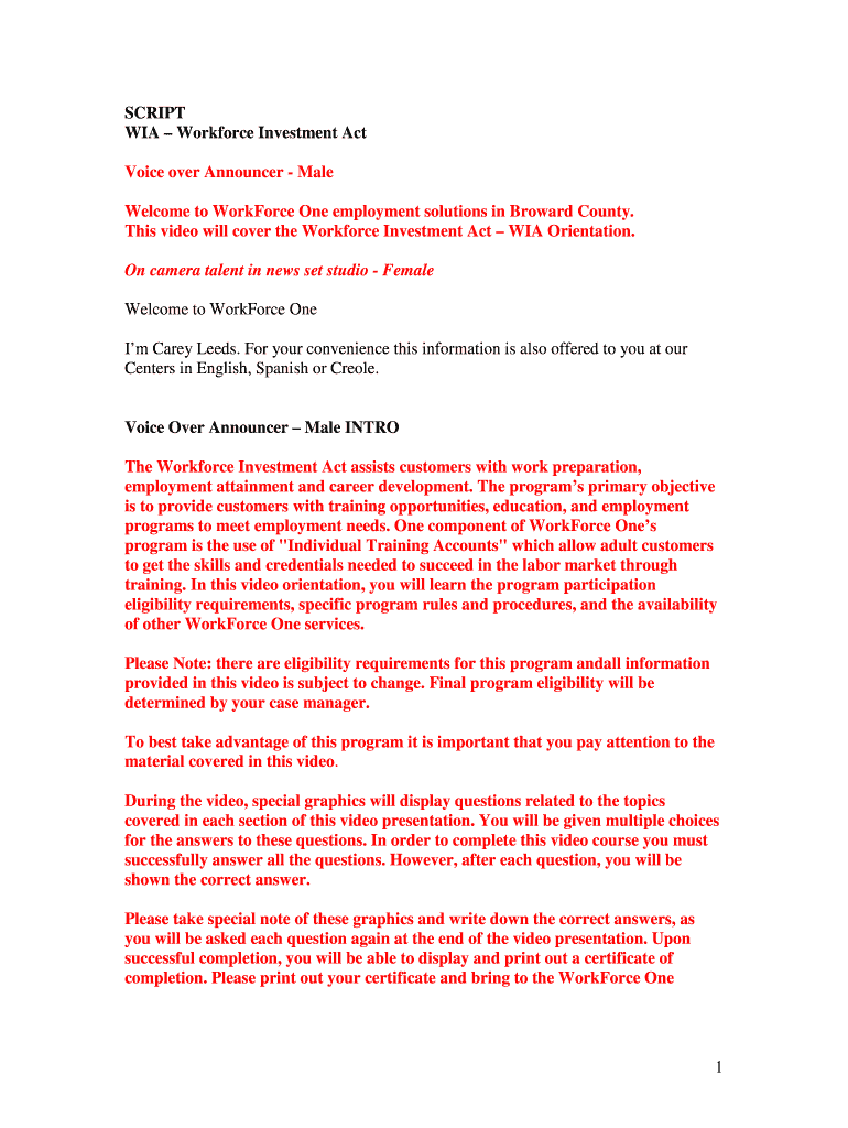 Fillable Online SCRIPT WIA Workforce Investment Act Voice over Announcer - Male Welcome to ...
