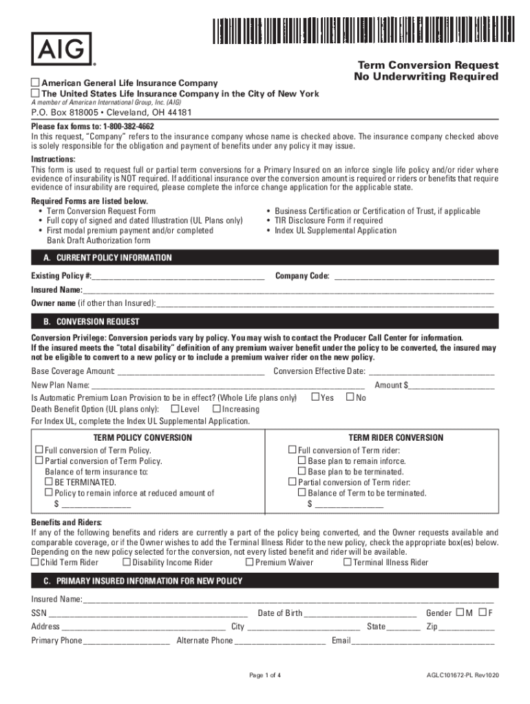 Fillable Online Term Conversion Request No Underwriting Required Fax Email Print - pdfFiller