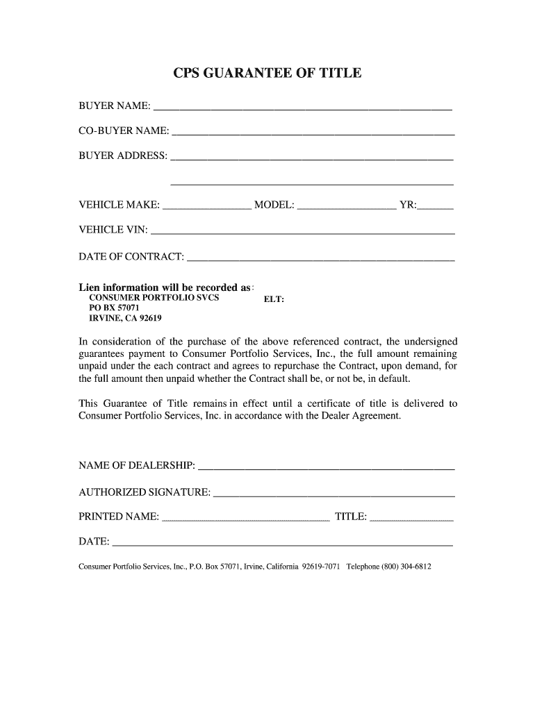 Fillable Online CPS GUARANTEE OF TITLE Fax Email Print - pdfFiller