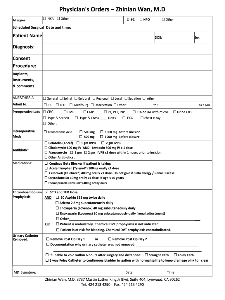 Fillable Online SURGICAL CARE IMPROVEMENT PROJECT POST OP ORDERS Fax ...
