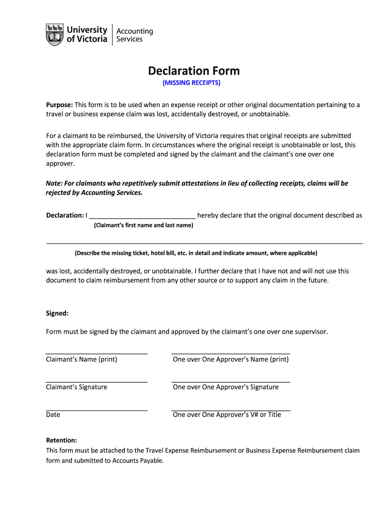 Fillable Online uvic Missing receipts declaration form - University of ...