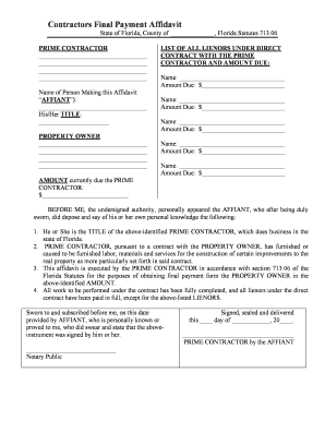 Fillable Online Florida Contractors Final Payment Affidavit Form - Zlien Fax Email Print - pdfFiller