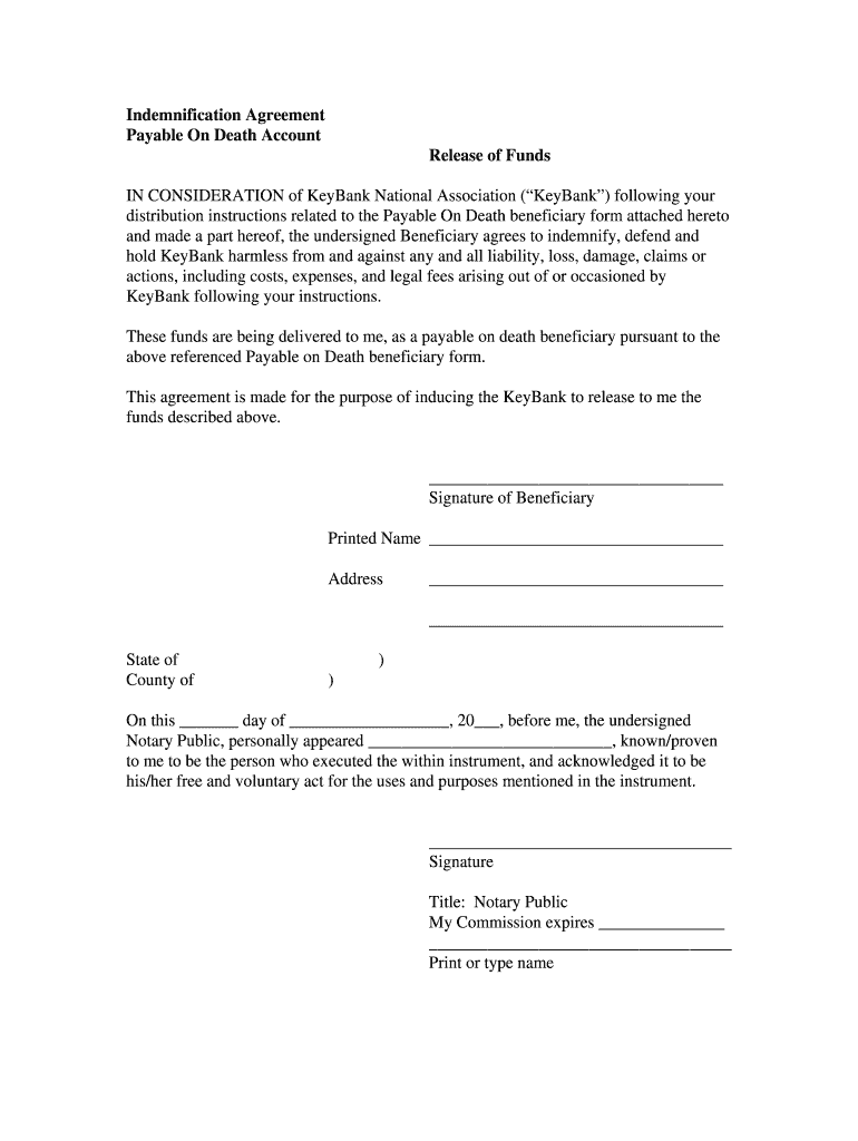 Fillable Online Indemnification Agreement POD release of fundsdoc Fax Email Print - pdfFiller