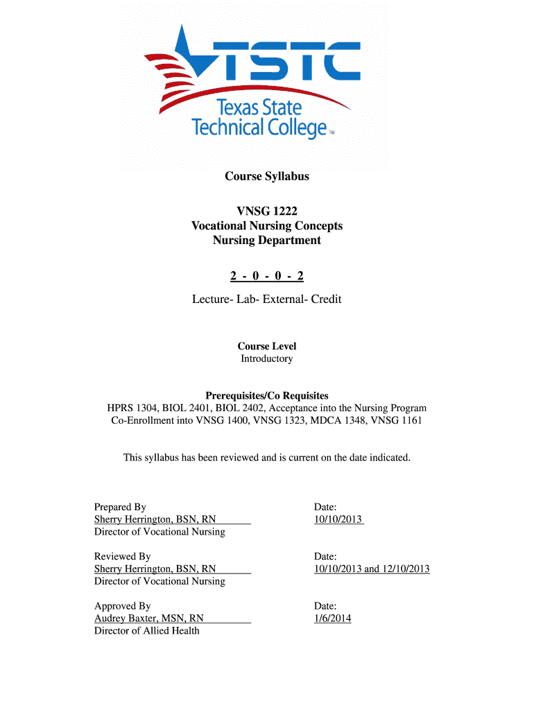 Fillable Online degreeplans westtexas tstc Course Syllabus VNSG 1222 ...