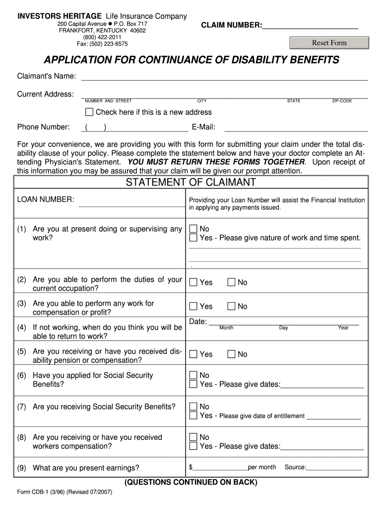 Fillable Online Continuation Claim Forms for Credit Disability ...