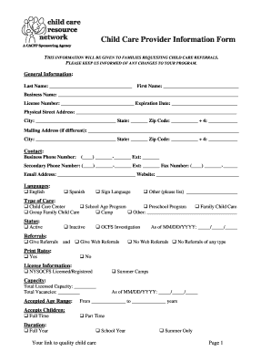 Fillable Online wnychildren Child Care Provider Information Form ...