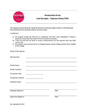 Fillable Online okanagan bc Declaration Form Lost Receipts Expense ...