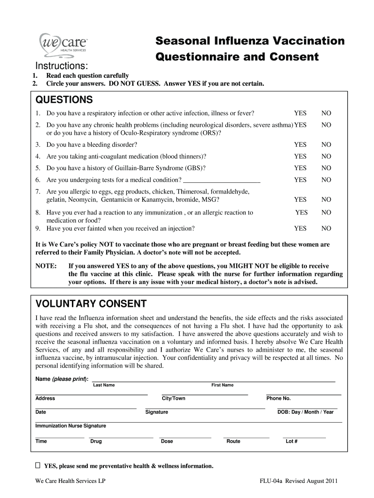 Fillable Online okanagan bc Seasonal Flu Vaccination Questionnaire ...