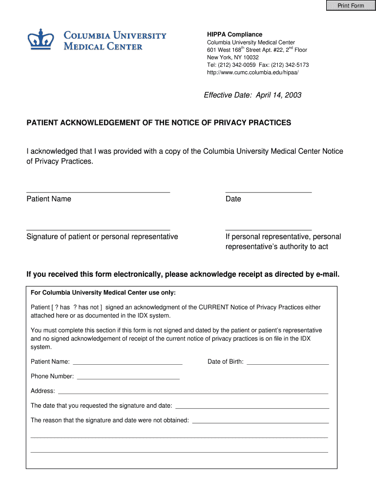 Fillable Online columbiaobgyn Acknowledgment of the Notice of Privacy ...