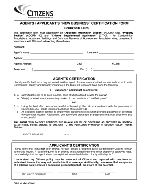 Fillable Online Agents / applicant's new business certification form ...