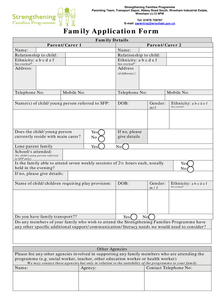 Fillable Online wrexham gov Strengthening Families Programme (SFP 10-14 ...