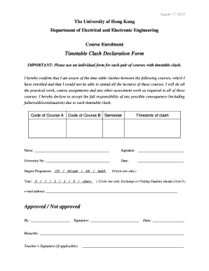Fillable Online elink eee hku Timetable Clash Declaration Form Approved ...