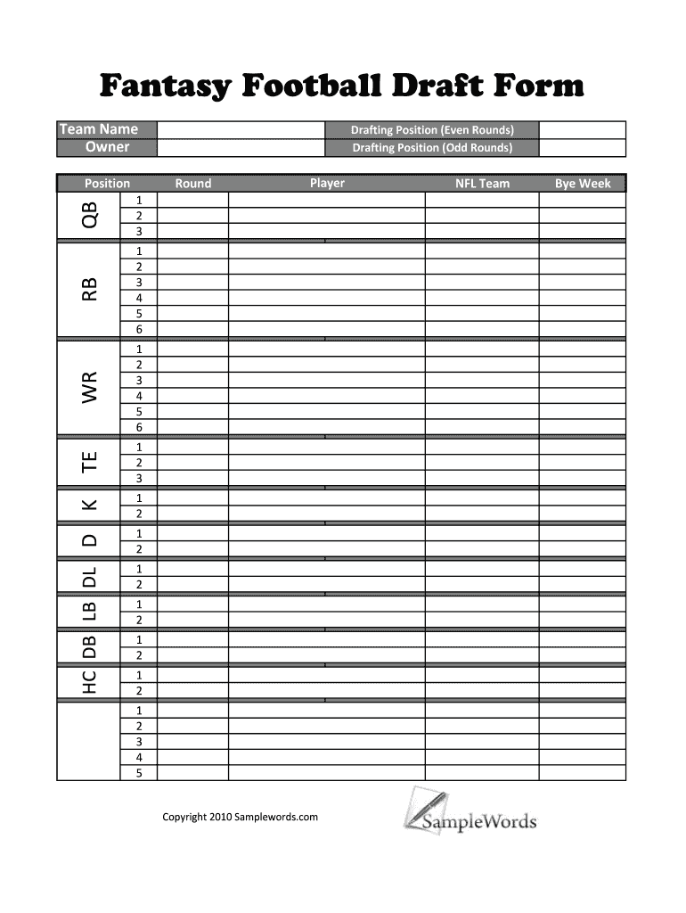 Fantasy Football Draft Form 2020 2021 Fill And Sign Printable 