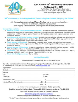 Fillable Online agingcarefl 2014 AAAPP 40 Anniversary Luncheon Friday ...