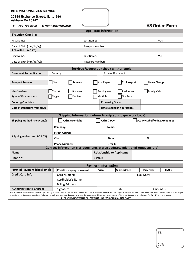 Fillable Online IVS Order Form - International Visa Service Fax Email ...
